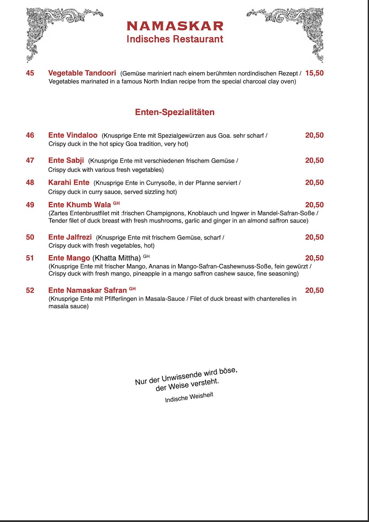 Speisekarte von Namaskar Indisches Restaurant, Gauting