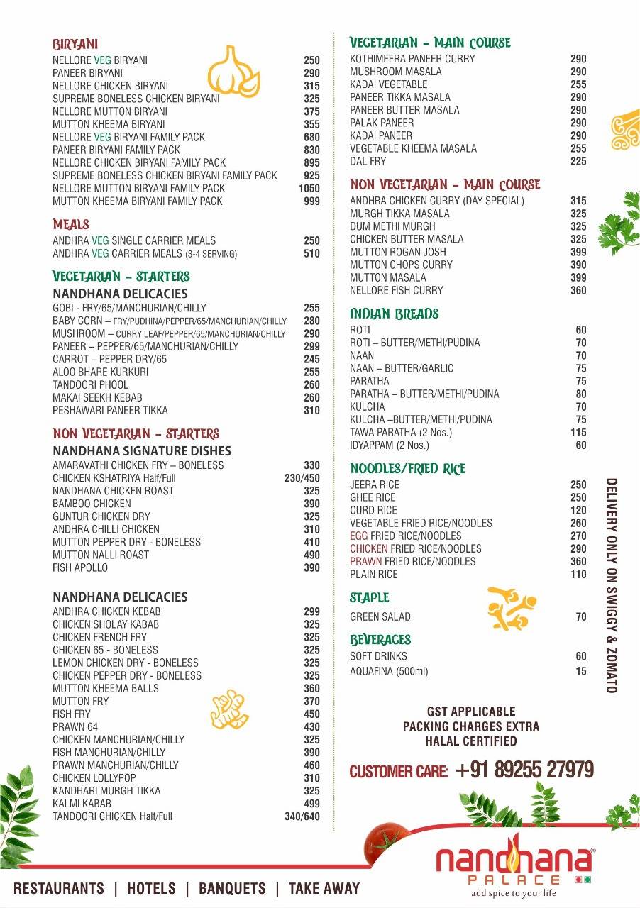 Menu at Nandhana Palace - Andhra Style Restaurant - Velachery, Chennai