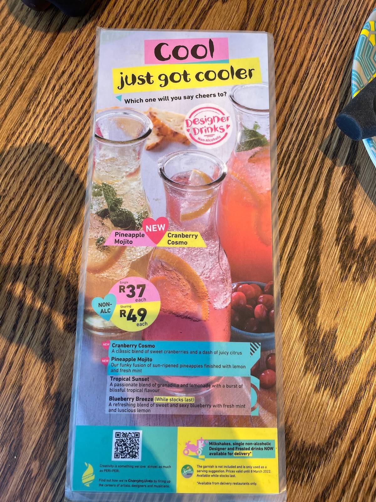 Menu au Nando's Tableview Drive Thru restaurant, Le Cap