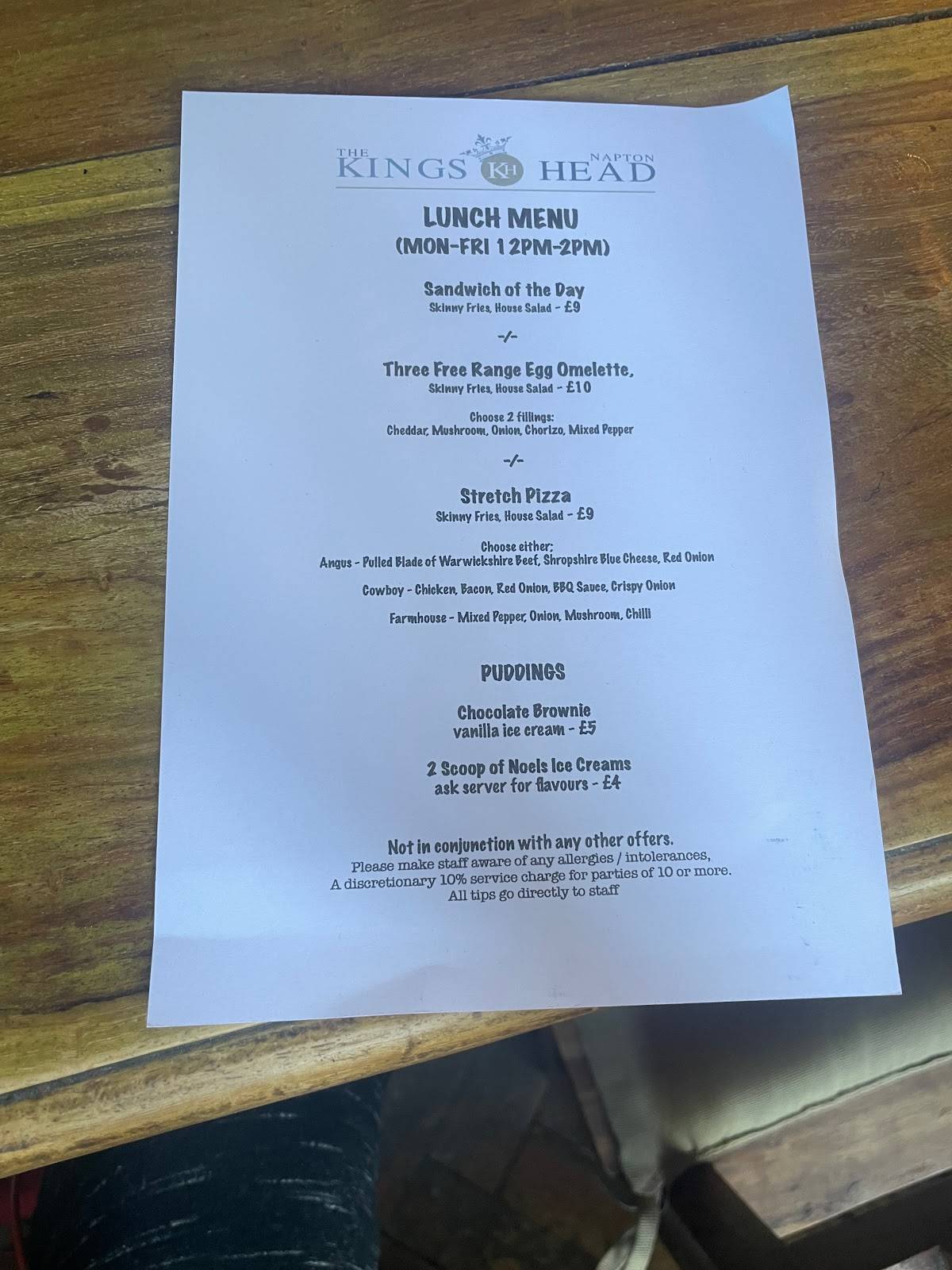 Menu at The Kings Head pub & bar, Napton on the Hill