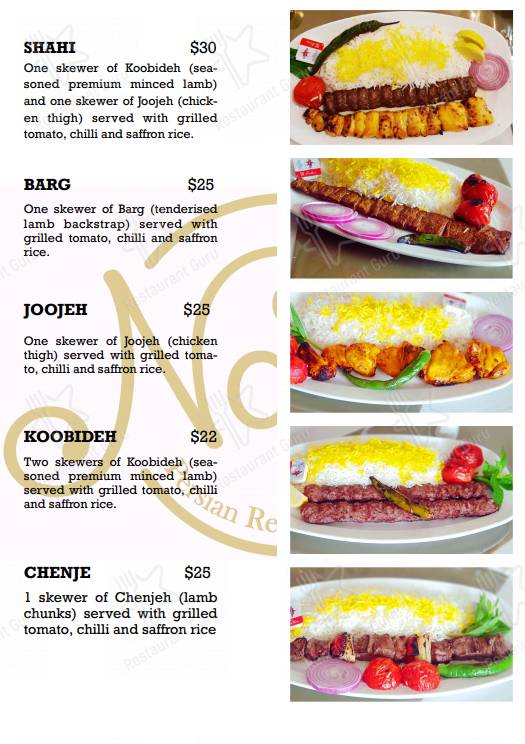 Menu at Narin Persian Restaurant, Northmead