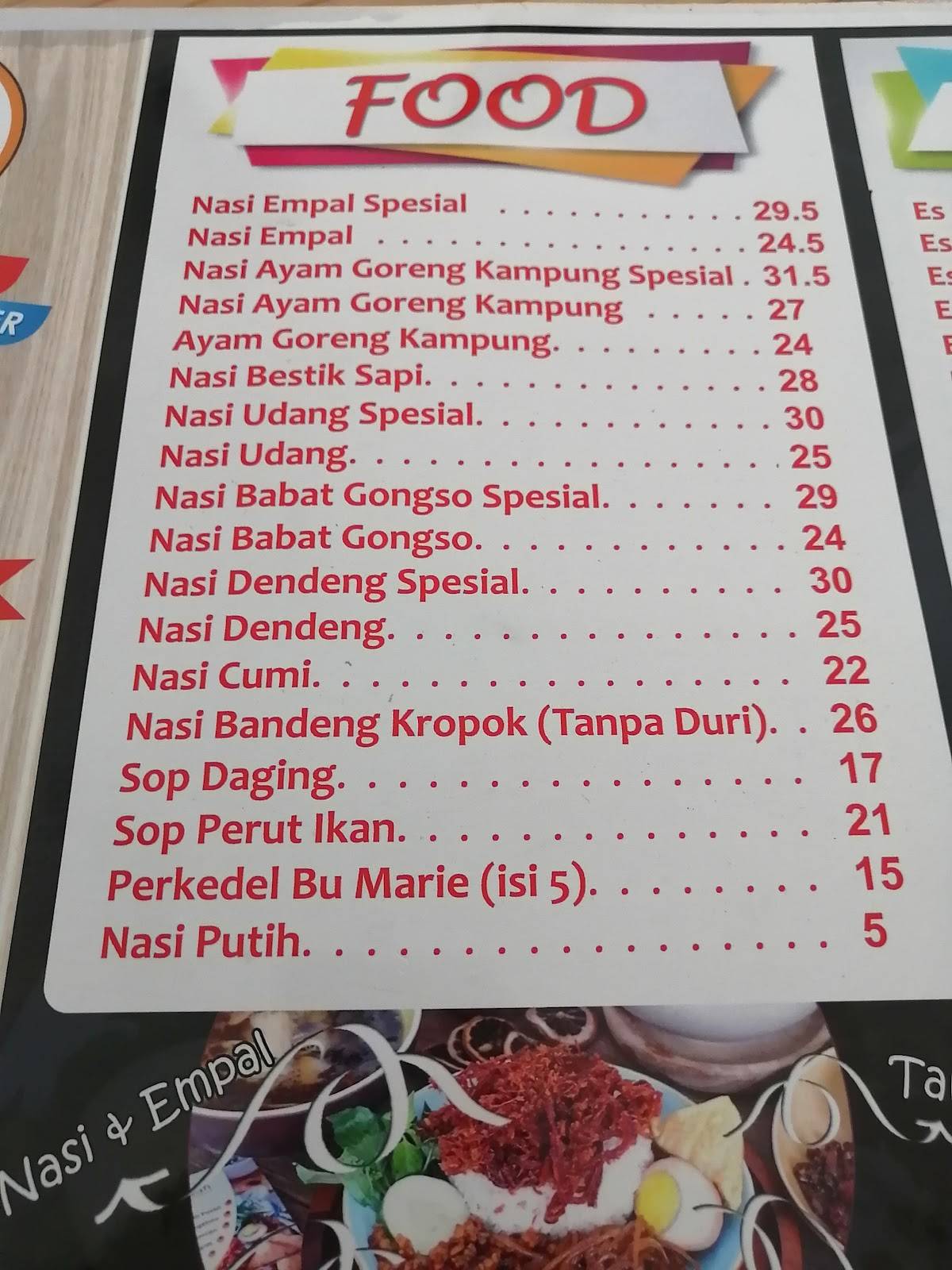 Carta del restaurante Nasi Empal Bu Marie, Sunan Kudus, Kudus