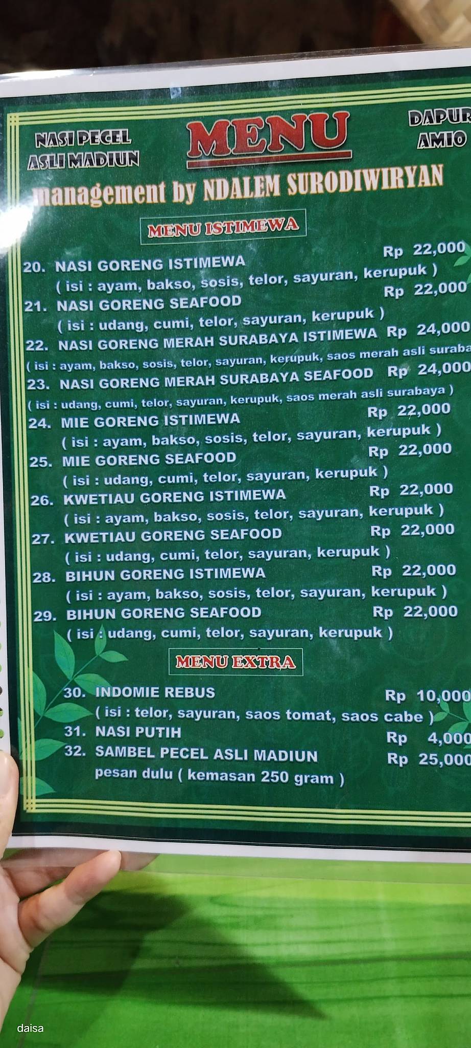 Carta del restaurante Nasi Pecel Asli Madiun Ndalem Surodiwiryan ...