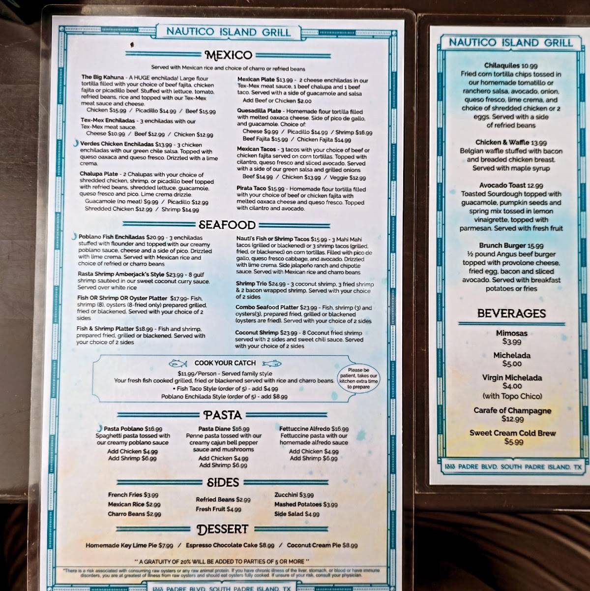 Menu at Nautico Island Grill restaurant, South Padre Island