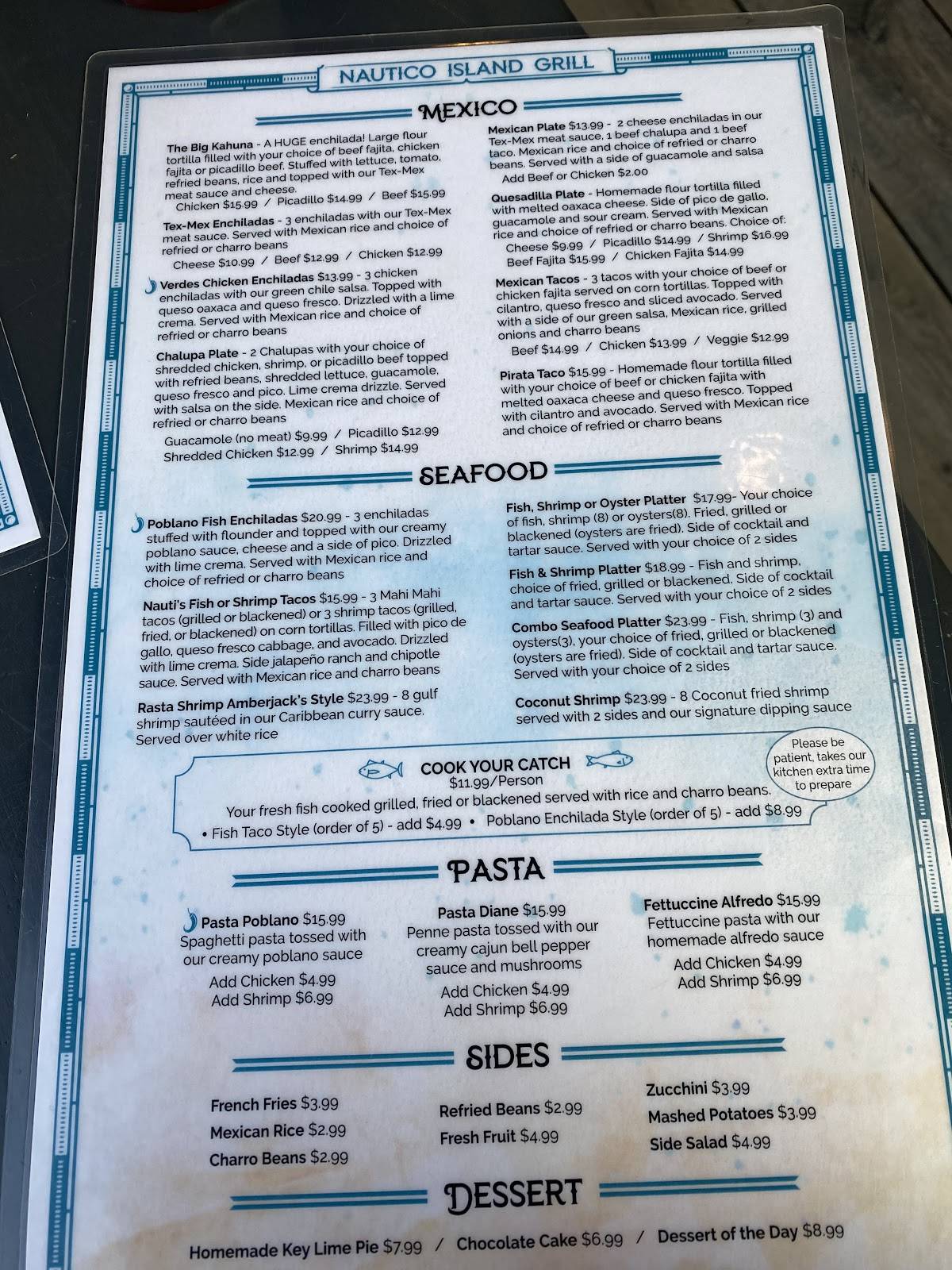 Menu at Nautico Island Grill restaurant, South Padre Island