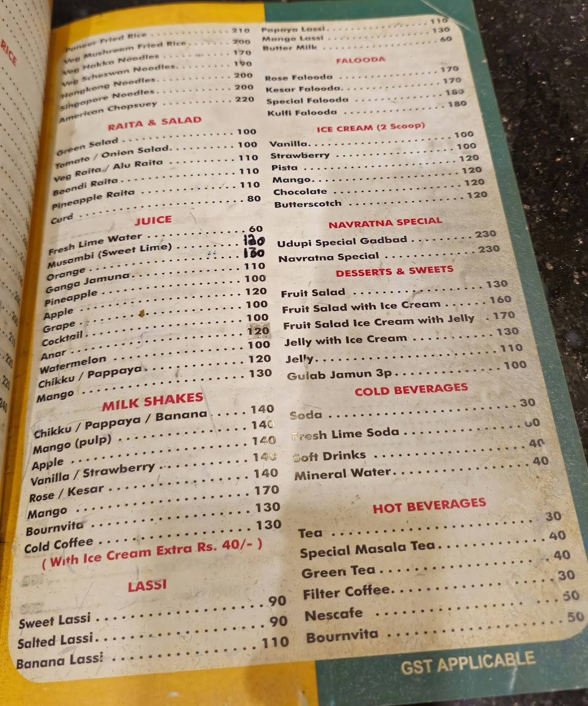 Menu at Navaratna Udupi Pure Veg Restaurant, Calangute