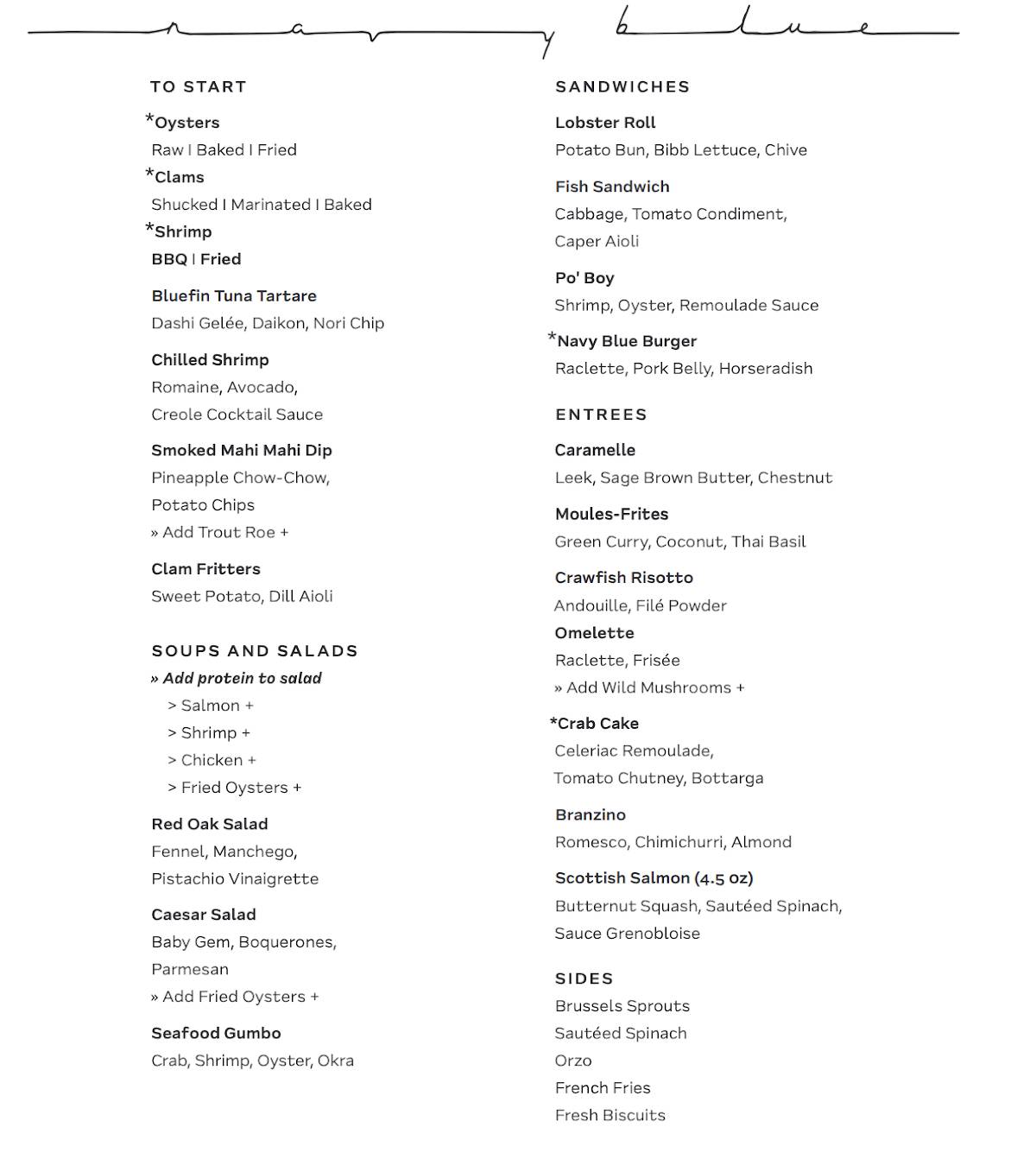 Menu at Navy Blue restaurant, Houston