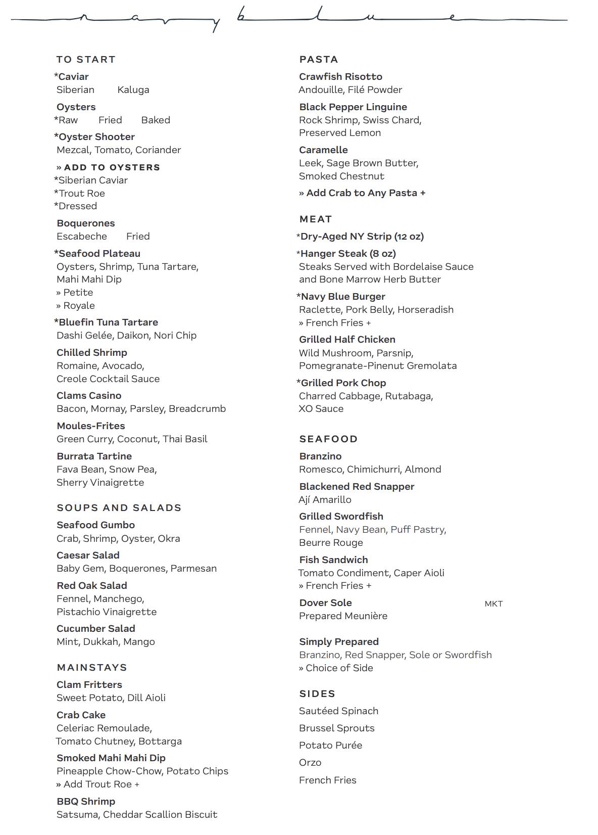 Menu at Navy Blue restaurant, Houston