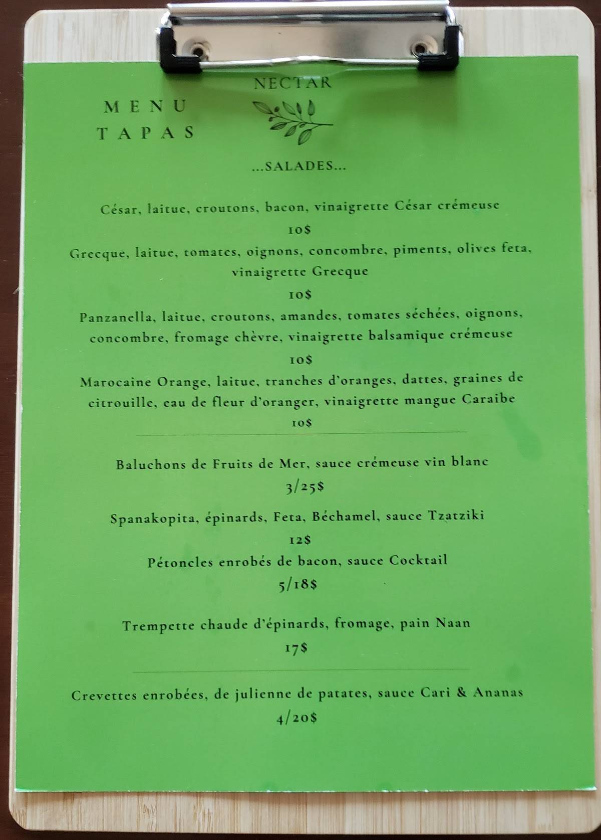 Menu at Nectar restaurant, Bathurst