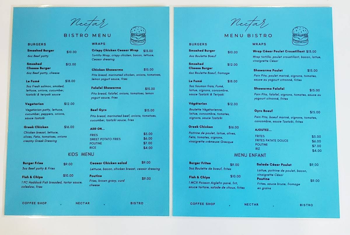 Menu at Nectar restaurant, Bathurst