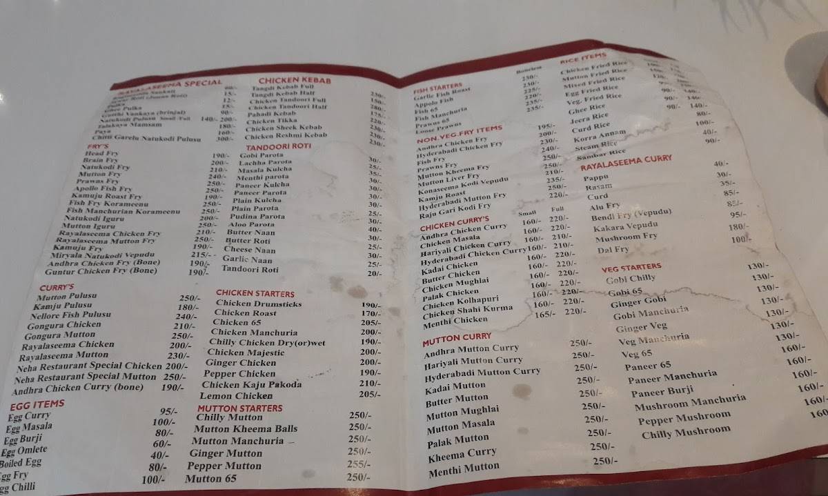 Menu at Neha Restaurant, Hyderabad