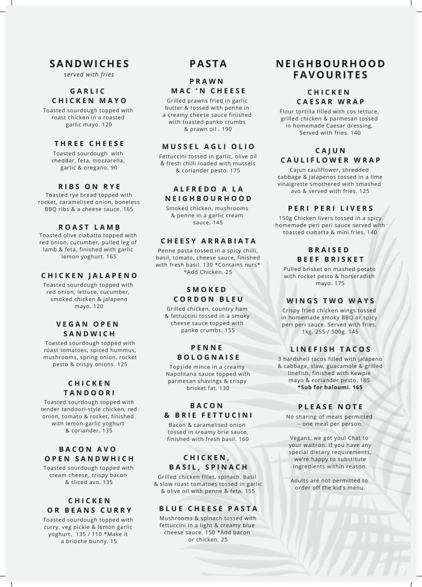 Menu at Neighbourhood Cafe & bar, Durban North