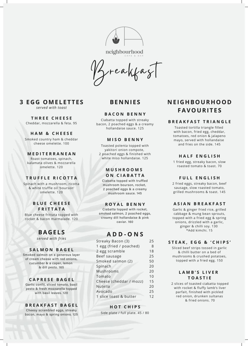 Menu at Neighbourhood Cafe & bar, Durban North