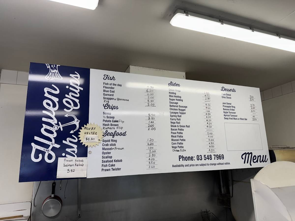 Menu at The Styx restaurant, Nelson