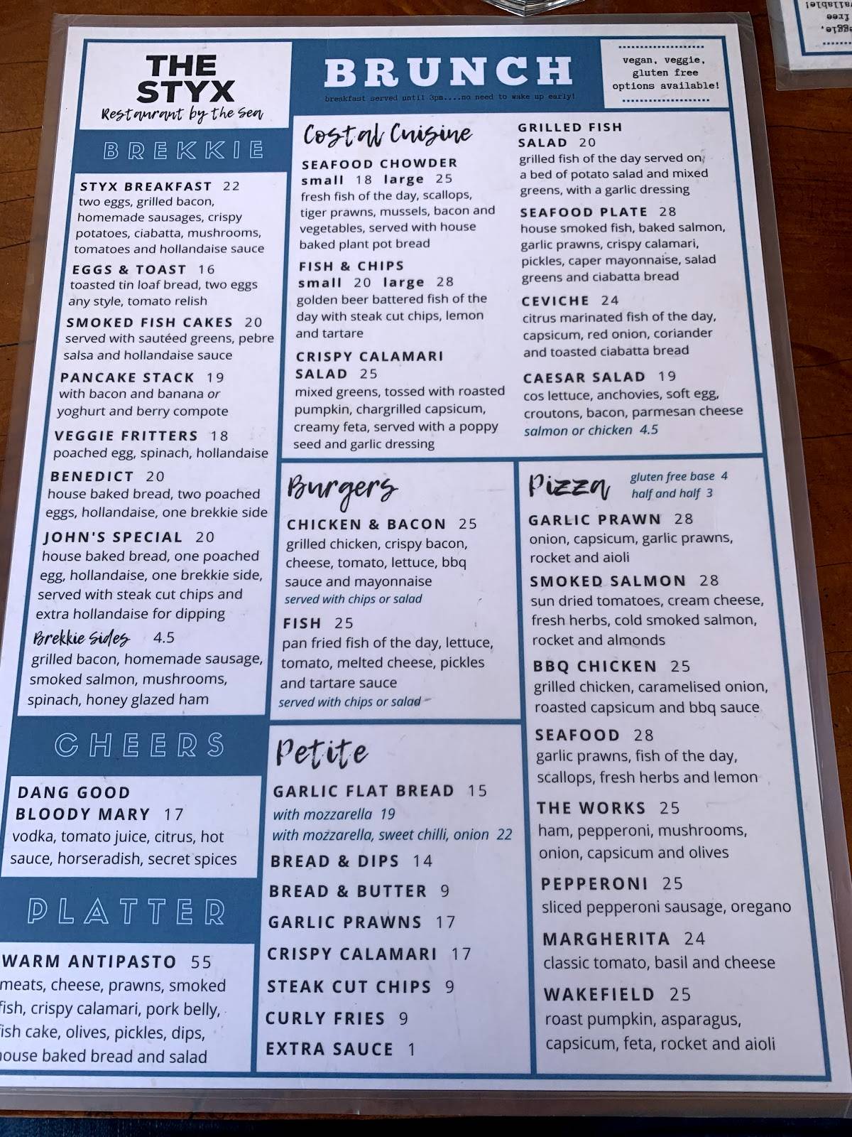 Menu at The Styx restaurant, Nelson