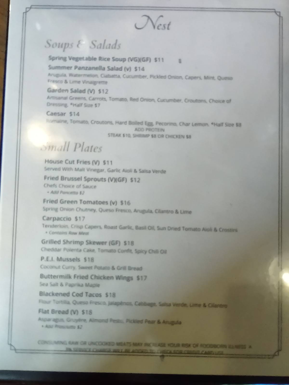 Menu at Nest restaurant, Thendara