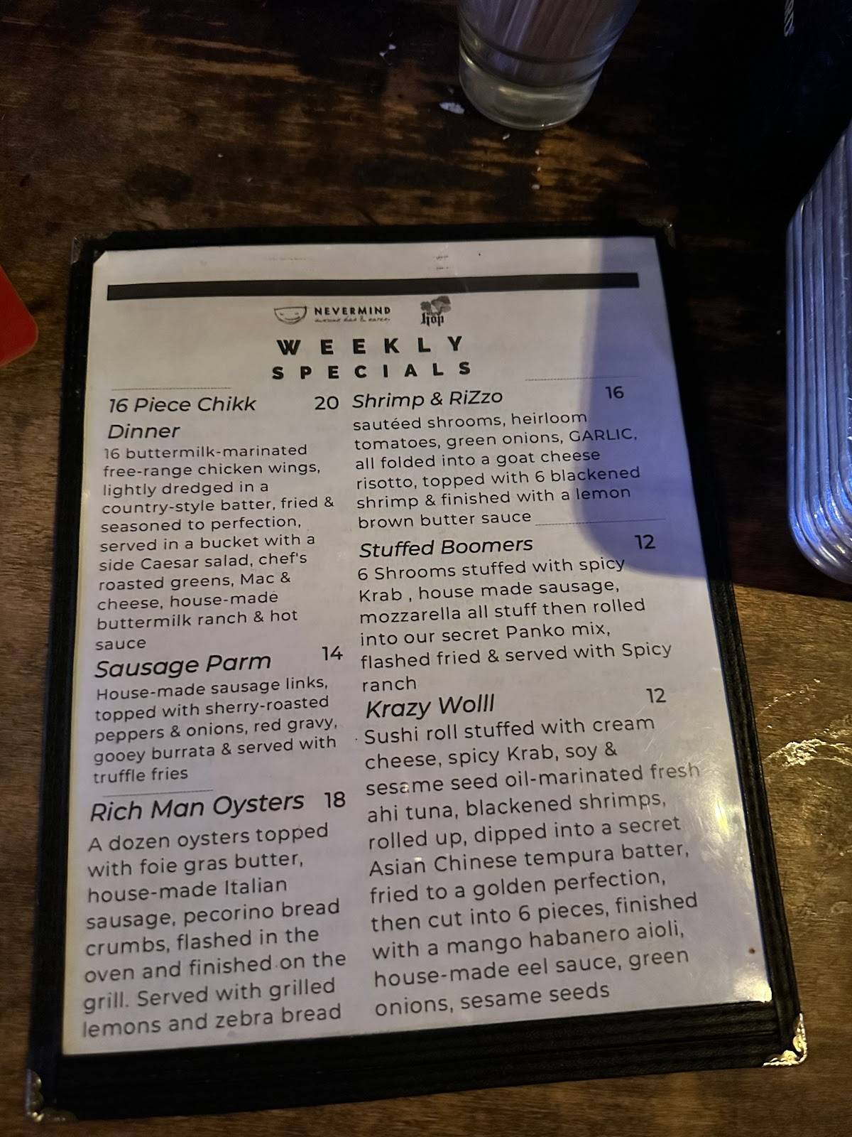 Menu at Nevermind Awesome Bar and The Hop, Cape Coral