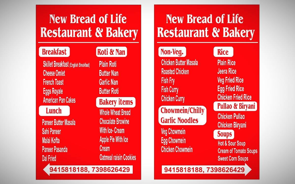 Menu at New Bread Of Life, Varanasi