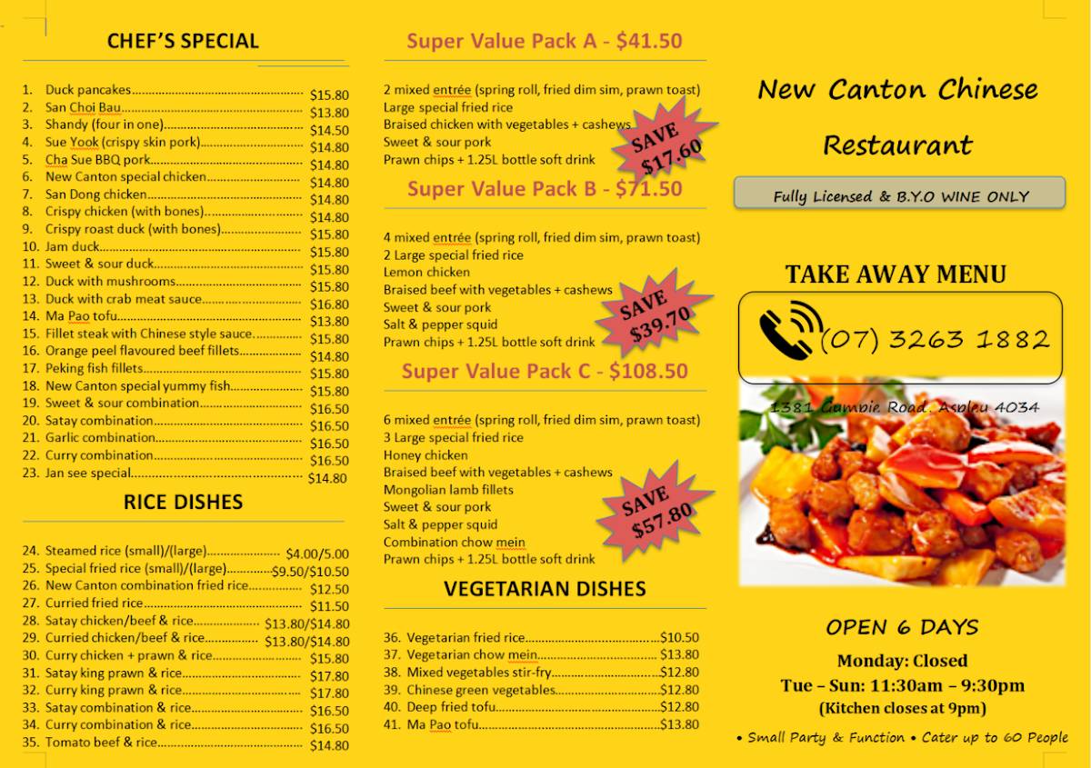 Menu at New Canton Restaurant, Aspley
