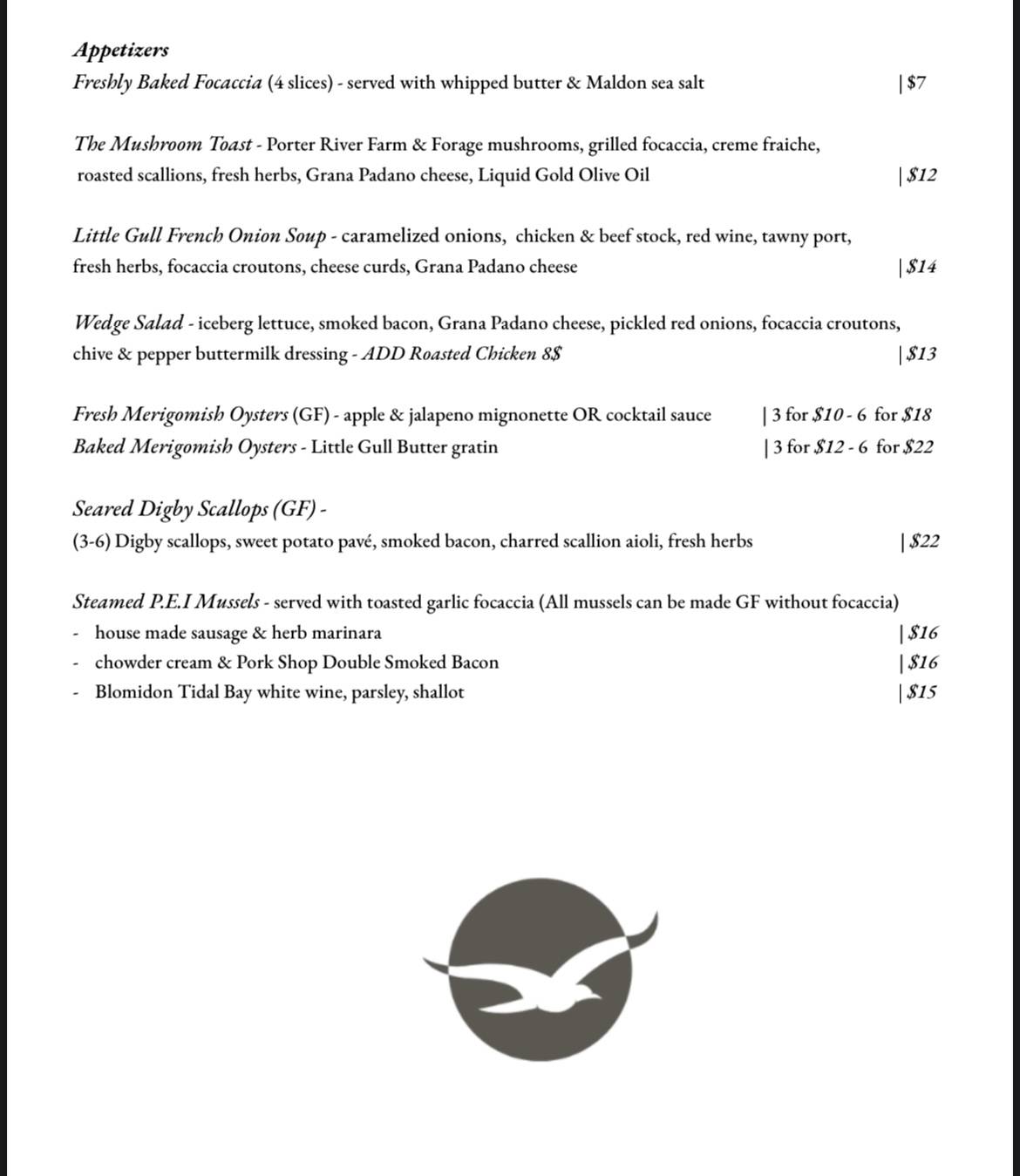 Menu at Little Gull Bistro steakhouse, New Glasgow