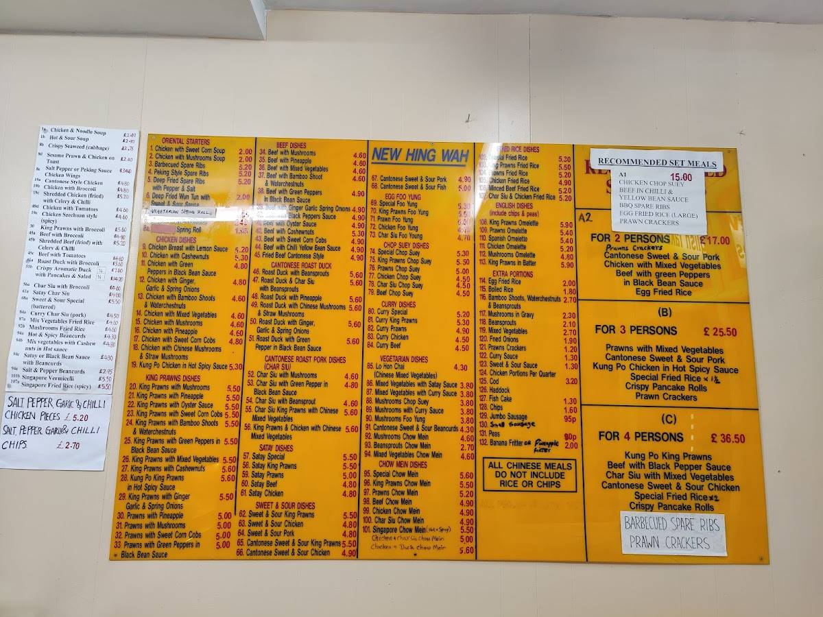 Menu at New Hing Wah restaurant, Sheffield