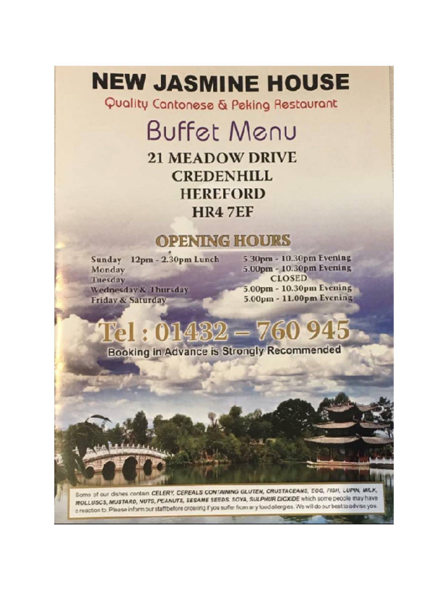 Menu at New Jasmine House restaurant, Hereford, 21 Meadow Dr