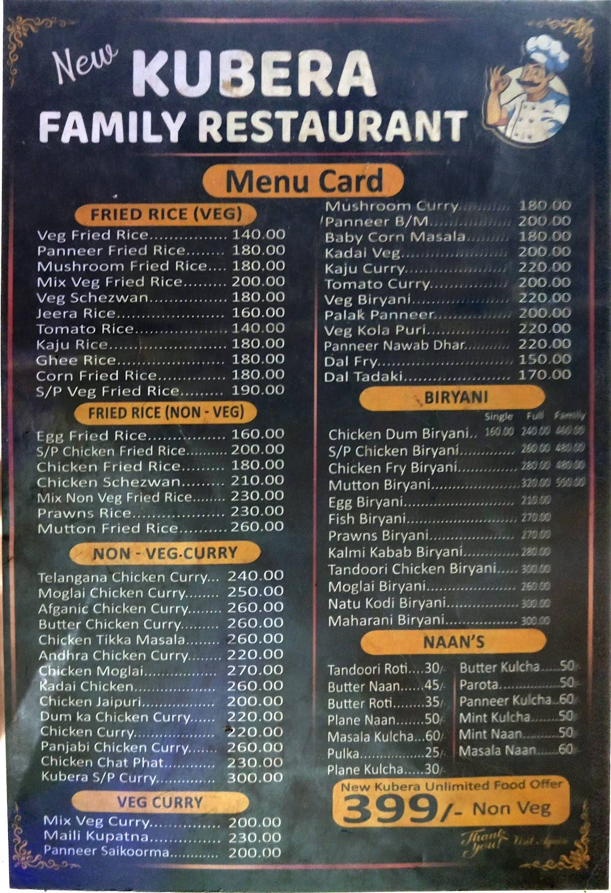 Menu at New Kubera family restaurant, Huzurabad