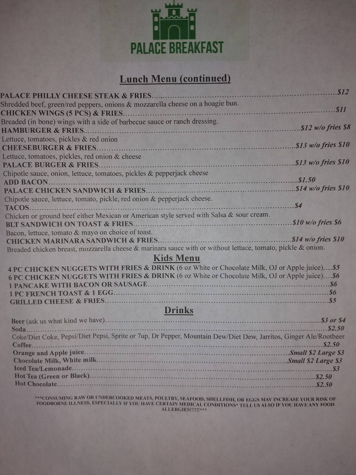 Menu at Palace Breakfast restaurant, New London