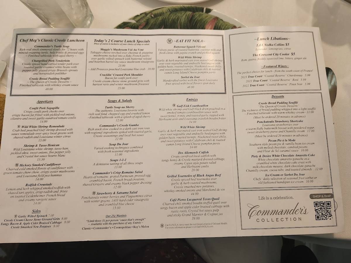 Menu at Commander's Palace pub & bar, New Orleans