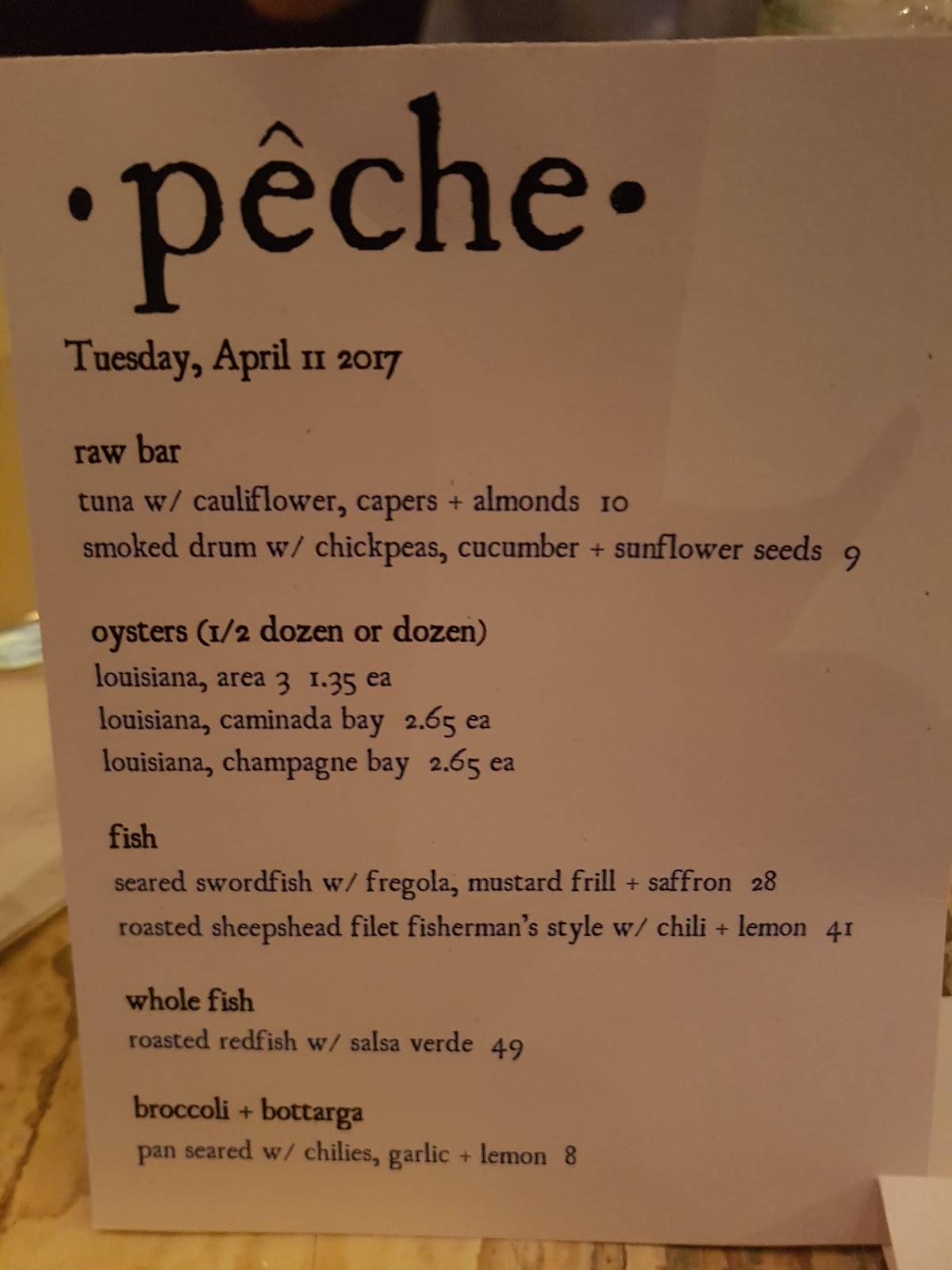 Menu at Pêche Seafood Grill restaurant, New Orleans