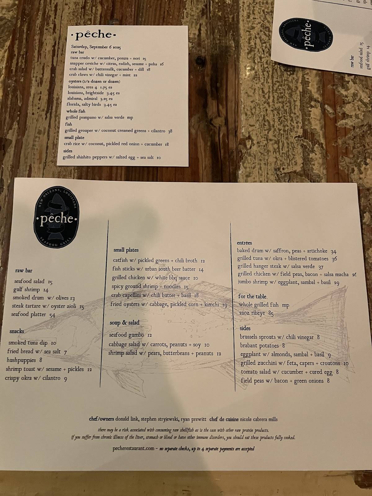 Menu at Pêche Seafood Grill restaurant, New Orleans