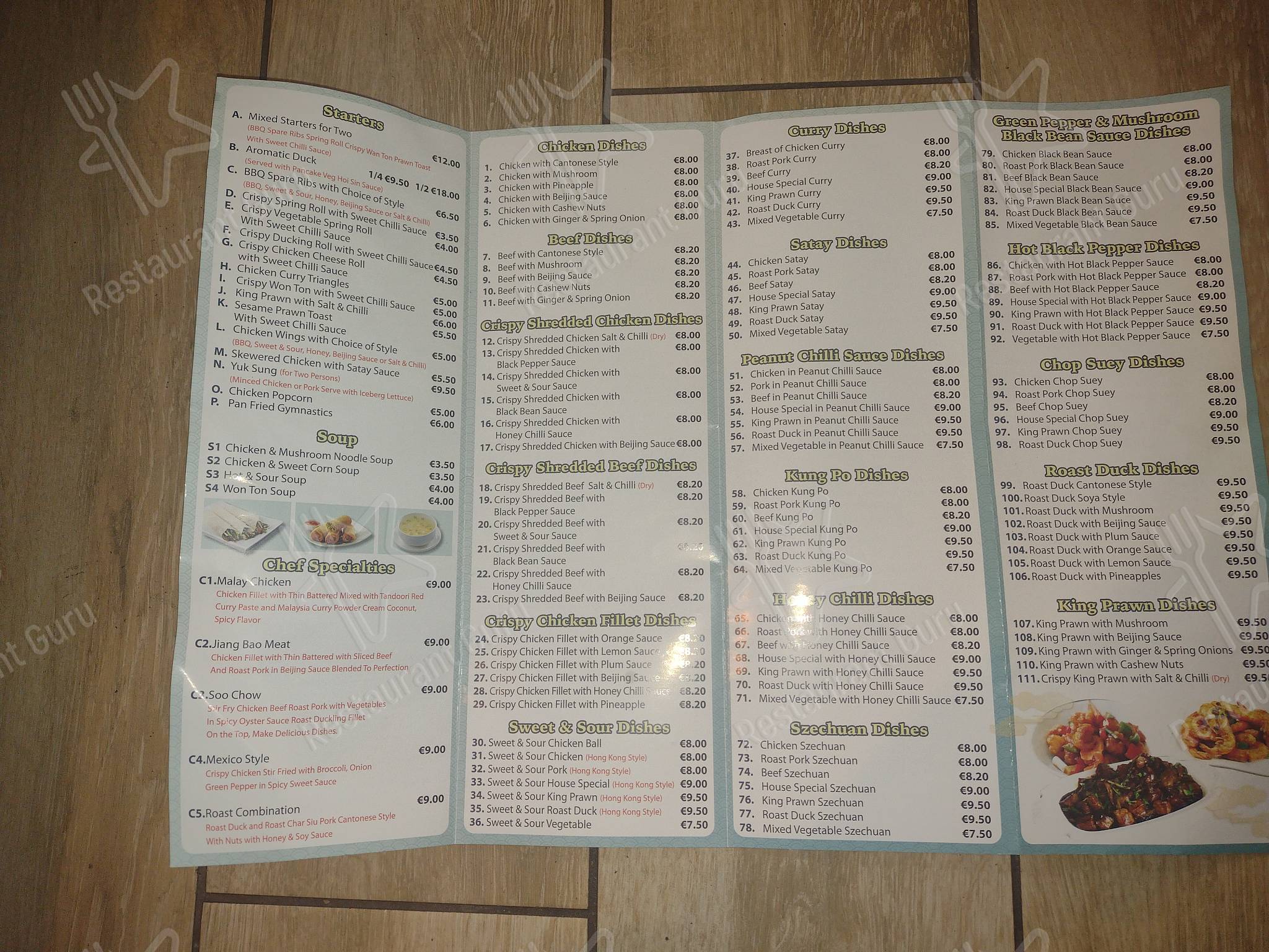 Menu at New Peking fast food, Clane, Main Street