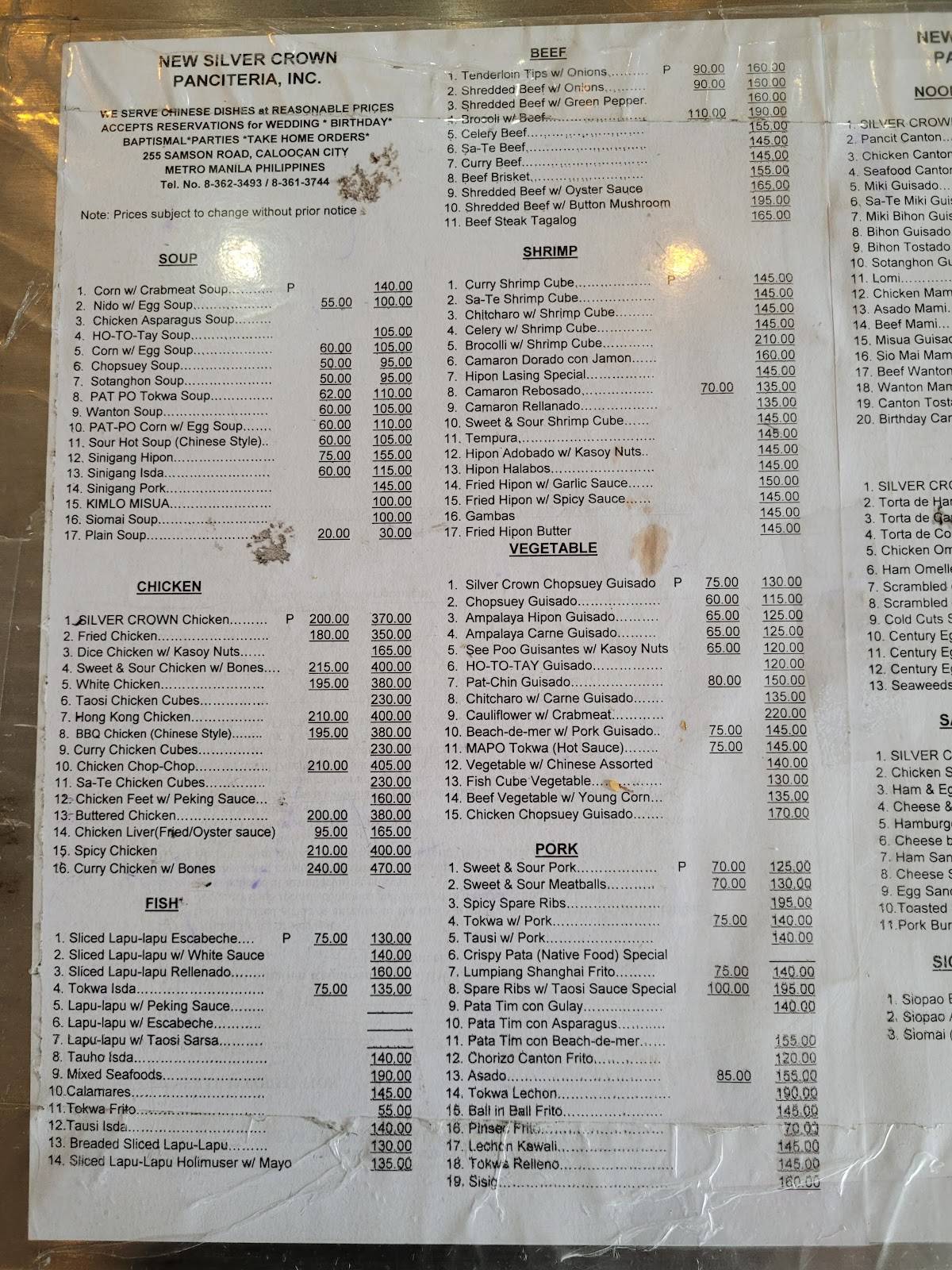 Menu at New Silver Crown Panciteria, Inc. restaurant, Caloocan