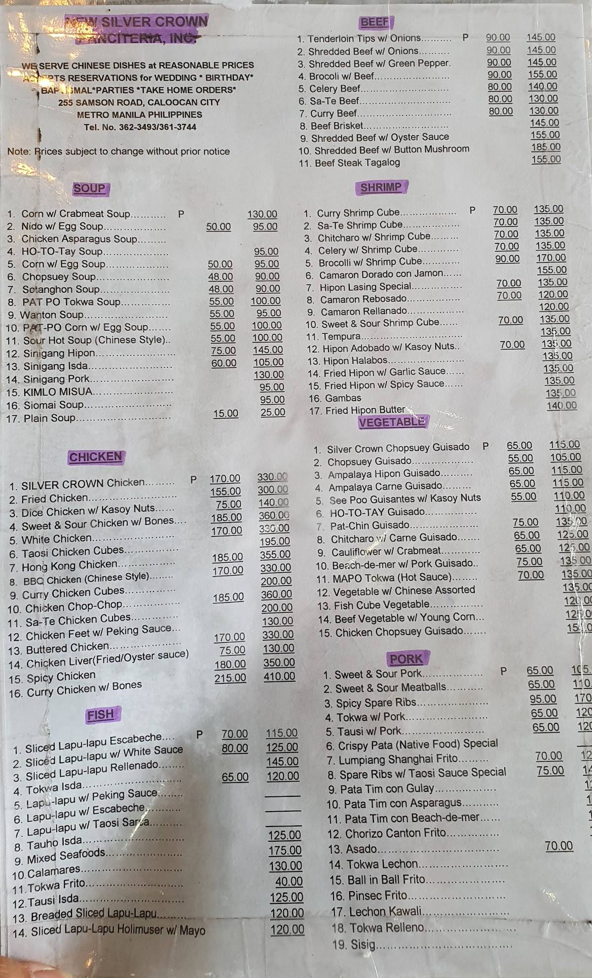 Menu at New Silver Crown Panciteria, Inc. restaurant, Caloocan