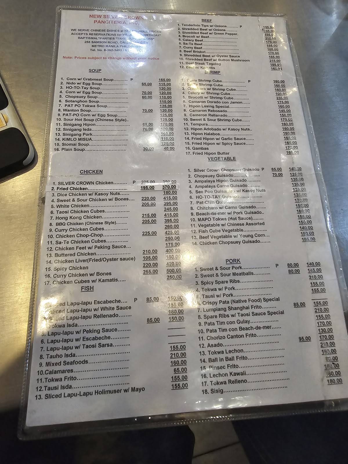 Menu at New Silver Crown Panciteria, Inc. restaurant, Caloocan