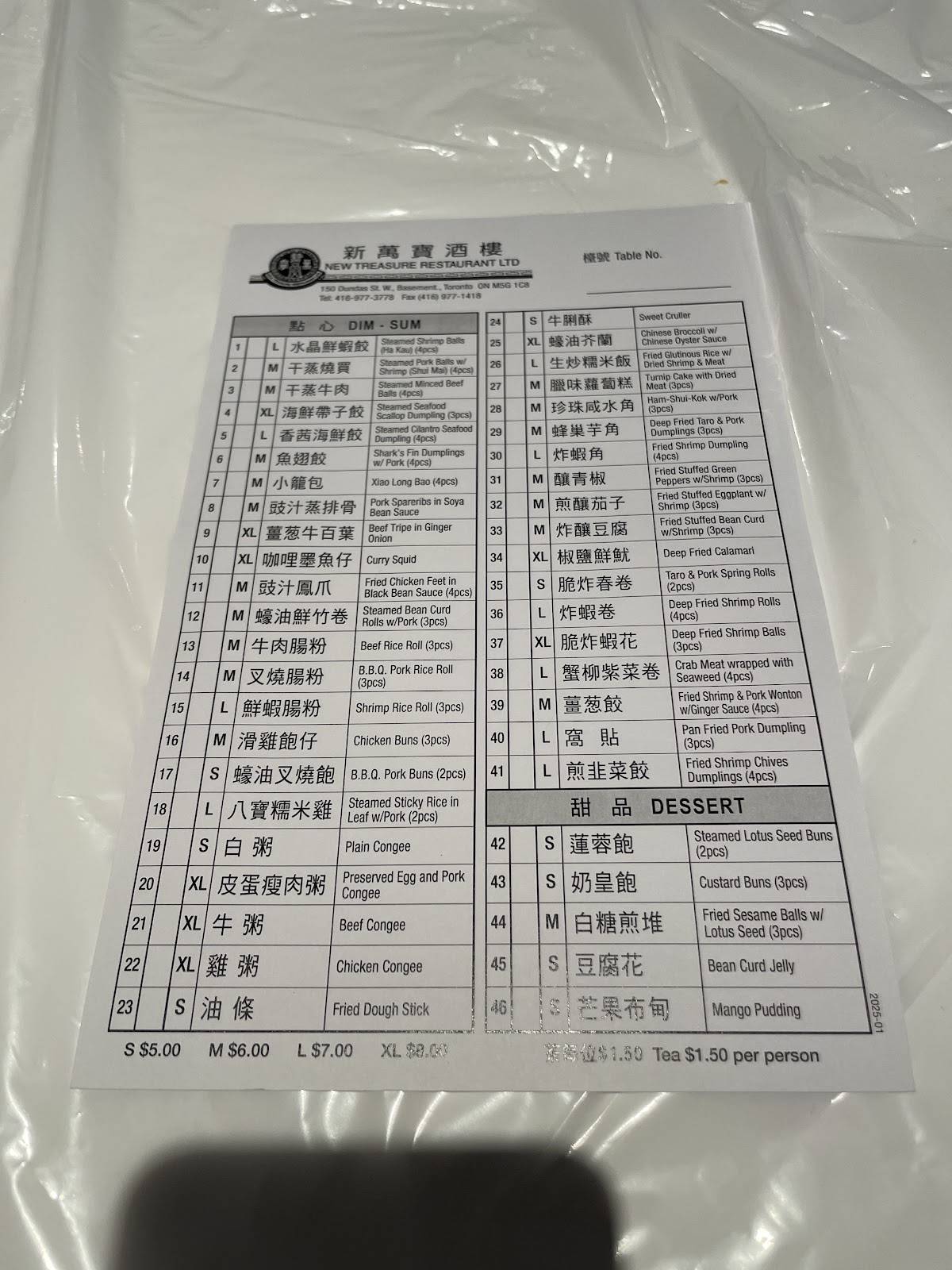 Menu at New Treasure Restaurant, Toronto