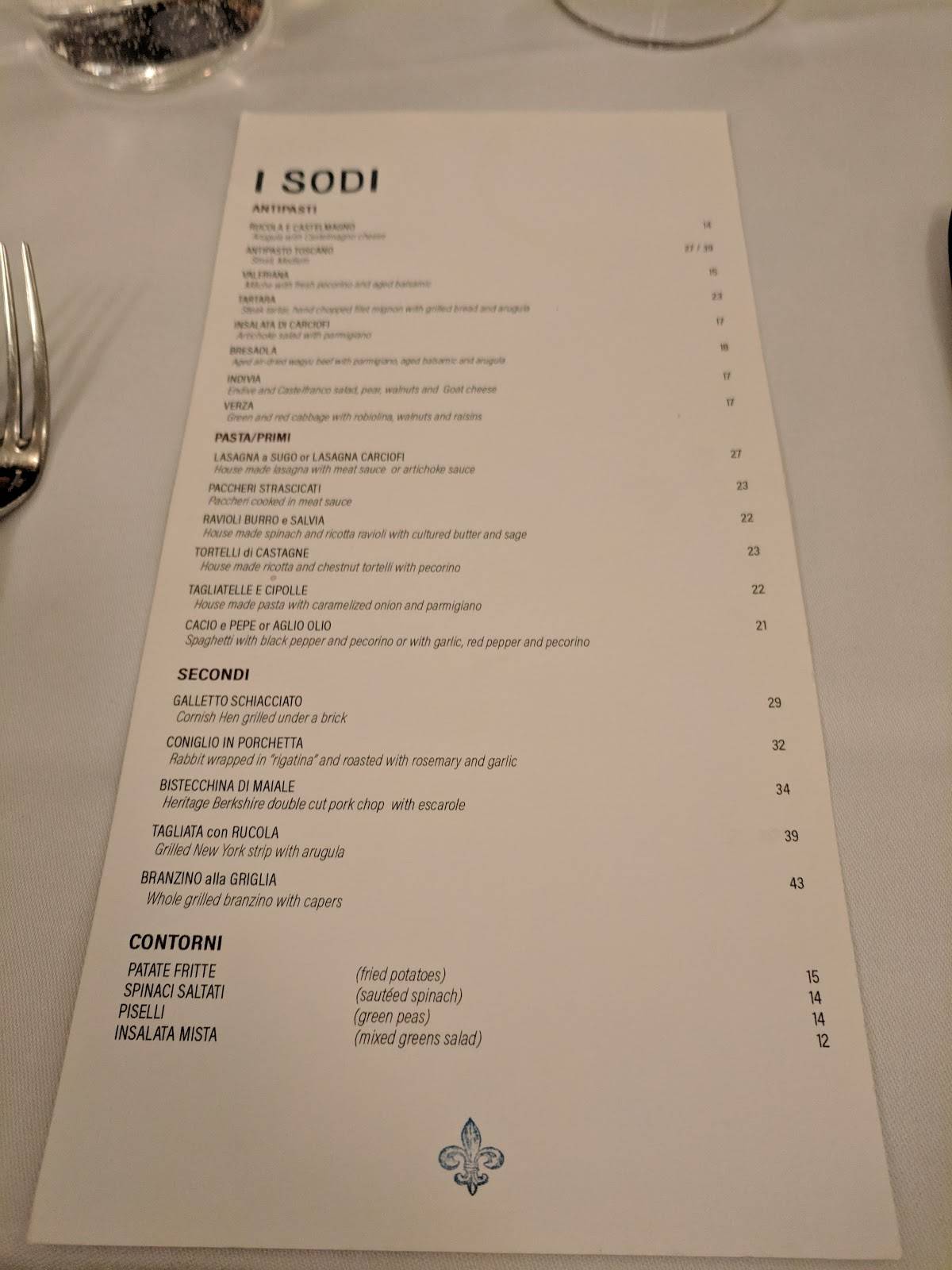 Menu at I Sodi restaurant, New York City, 314 Bleecker St