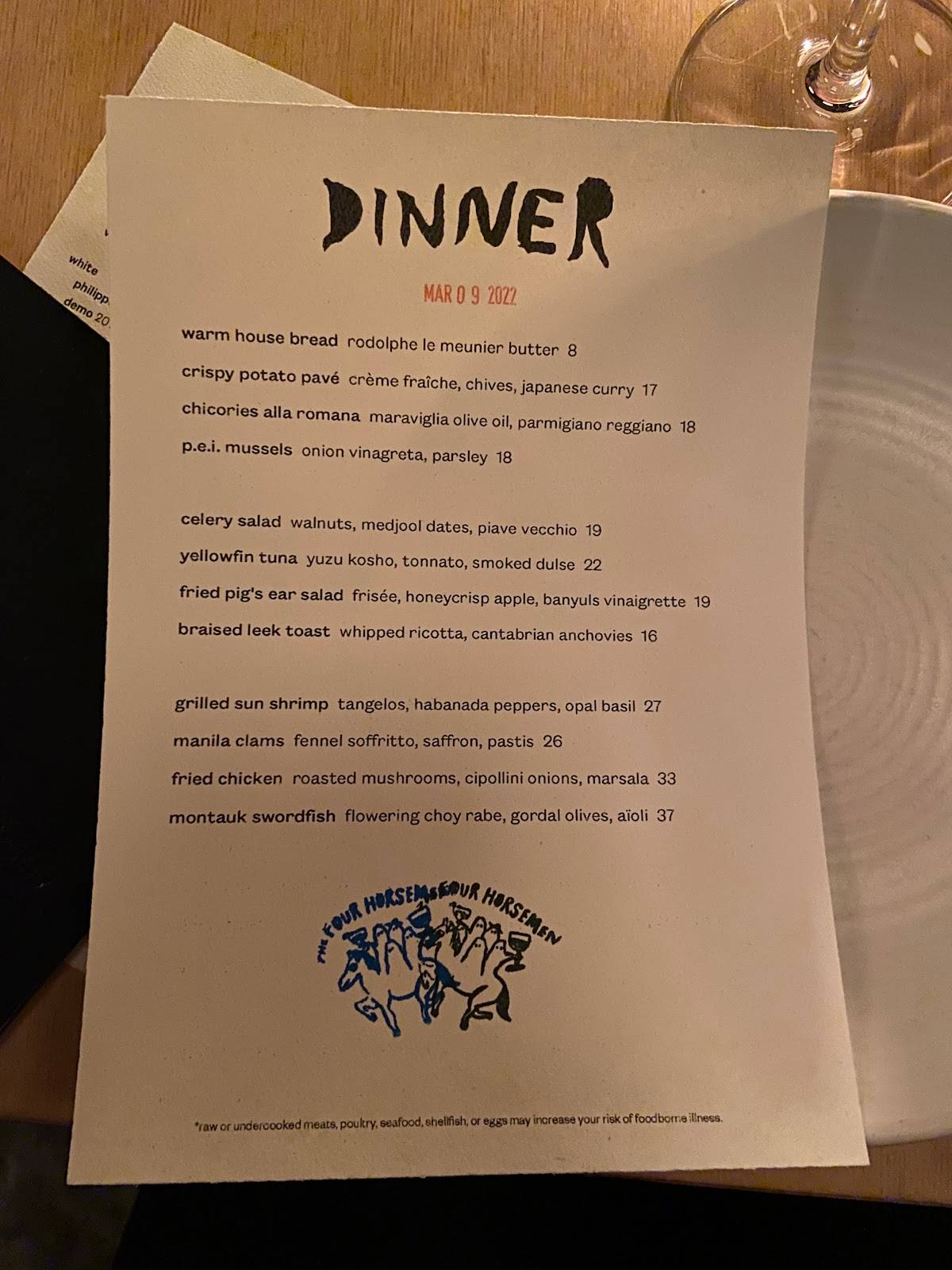 Menu at The Four Horsemen pub & bar, New York City, 295 Grand St