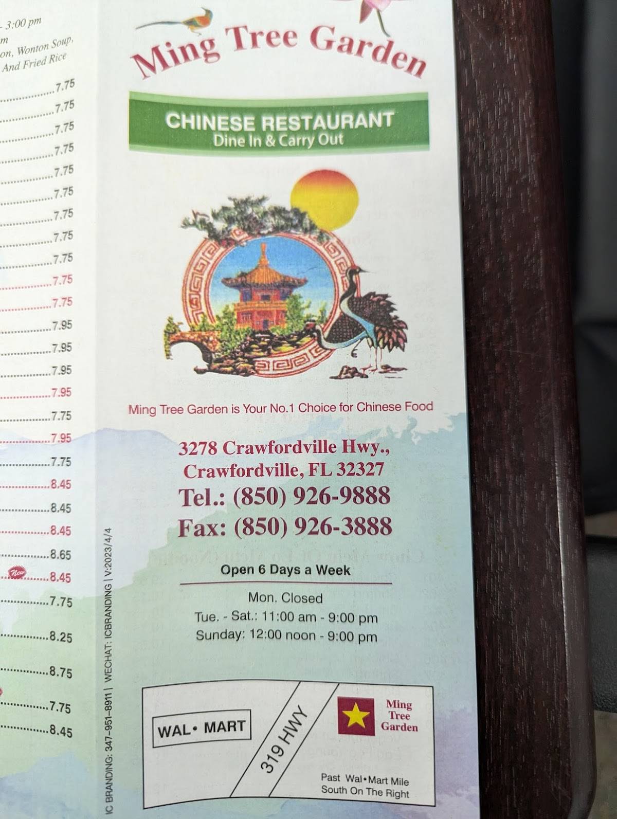 Menu at New ming tree restaurant, Crawfordville
