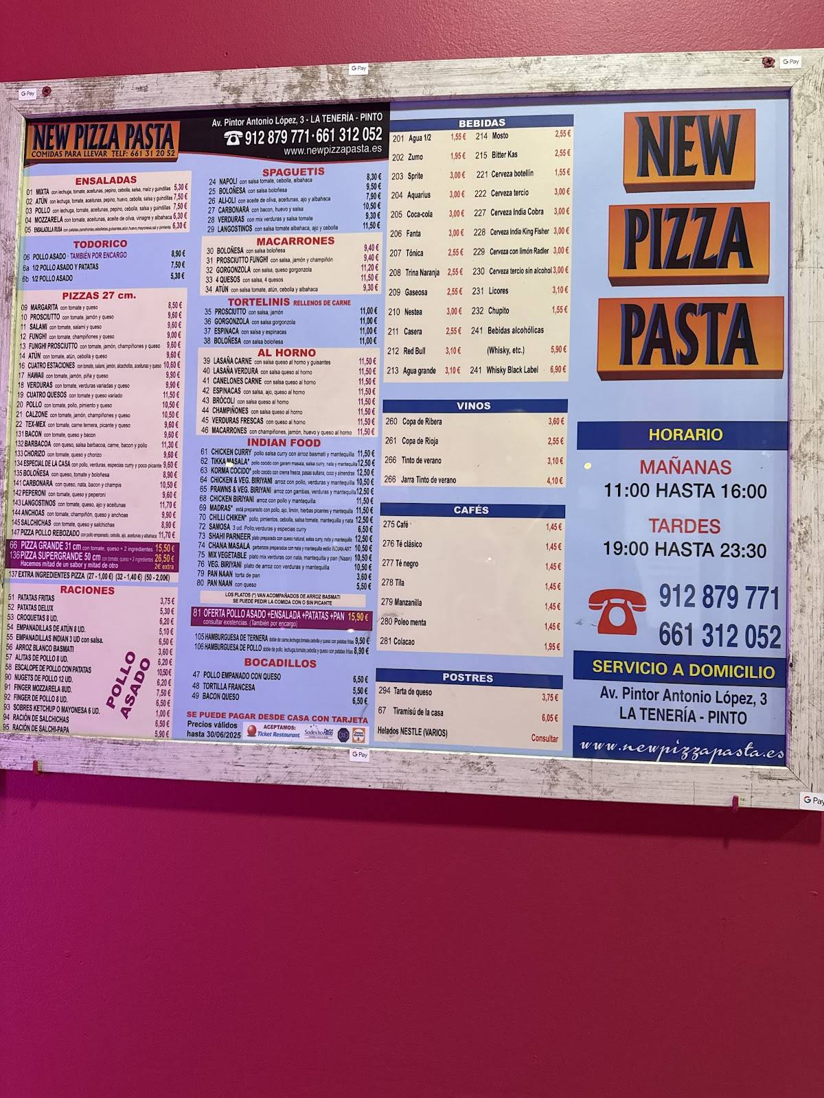 Carta del restaurante New pizza pasta, Pinto