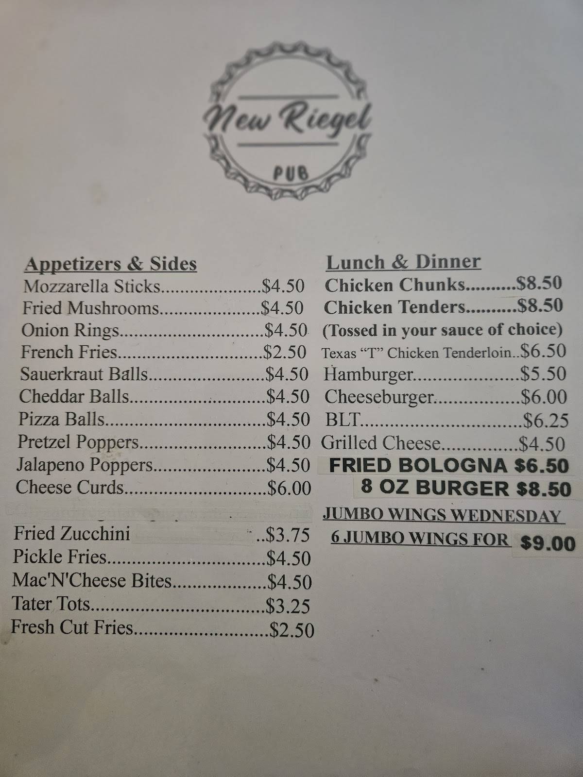 Menu at New riegel pub, New Riegel