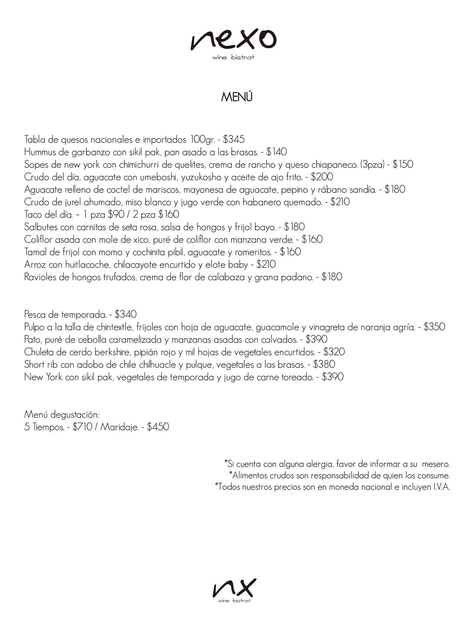 Carta del restaurante Cerrado permanentemente - Nexo Wine Bistrot ...