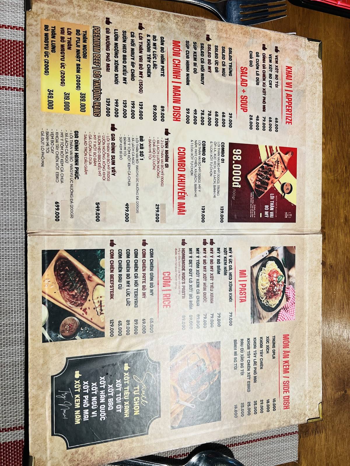 Menu at Ngo Steak restaurant, Ho Chi Minh City