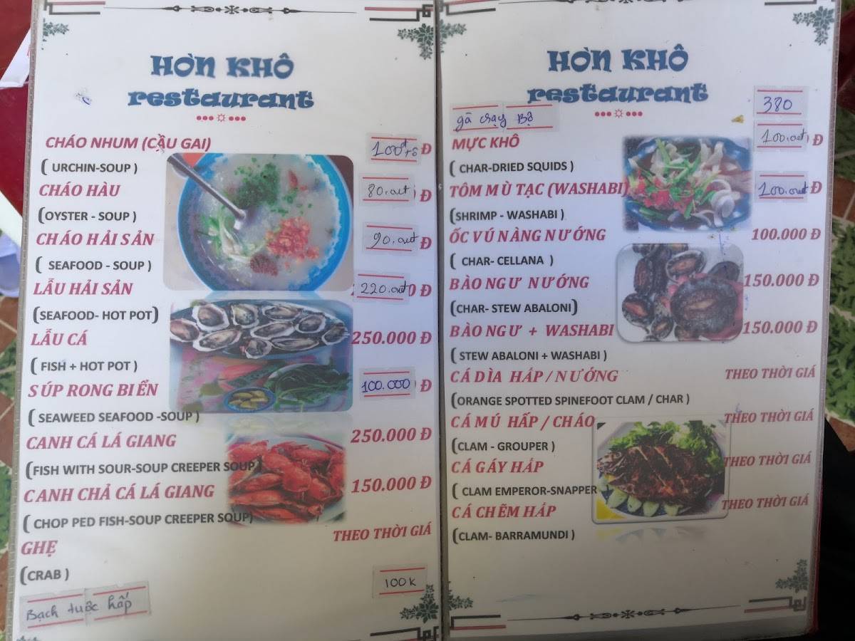 Menu at Nhà hàng Hòn Khô restaurant, Qui Nhơn