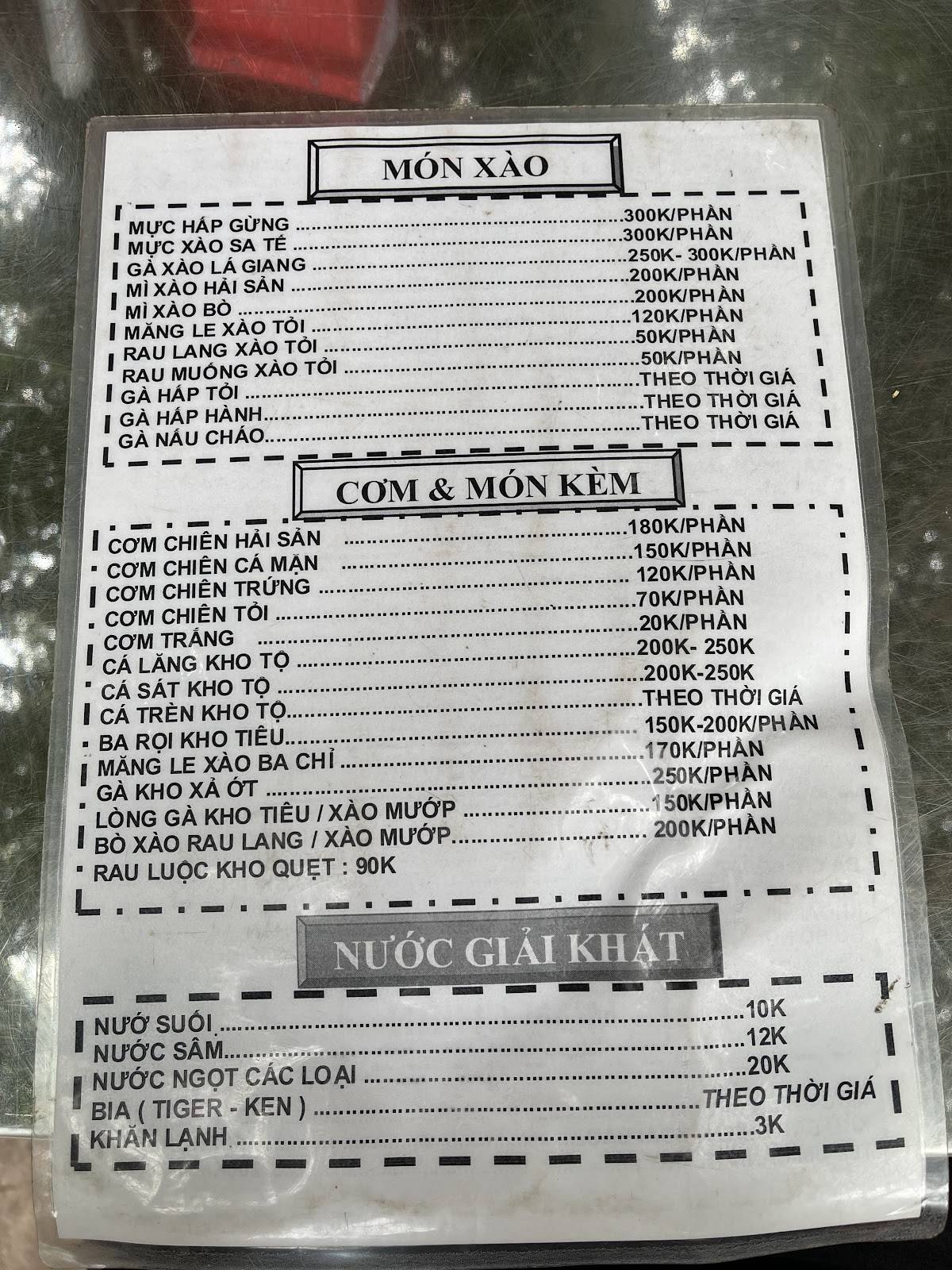Menu at Nhà hàng Núi Lở restaurant, Ho Chi Minh City