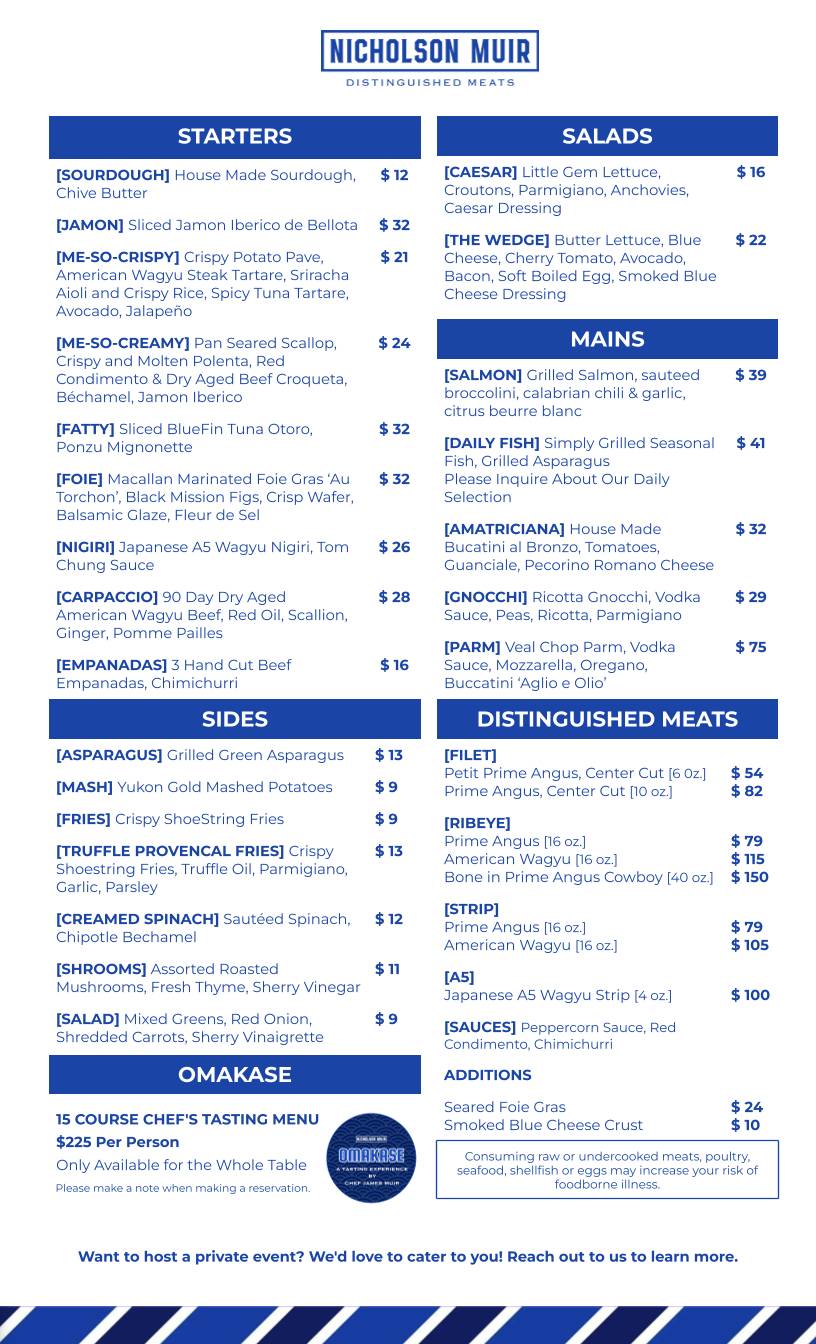 Menu at Nicholson Muir restaurant, Boynton Beach