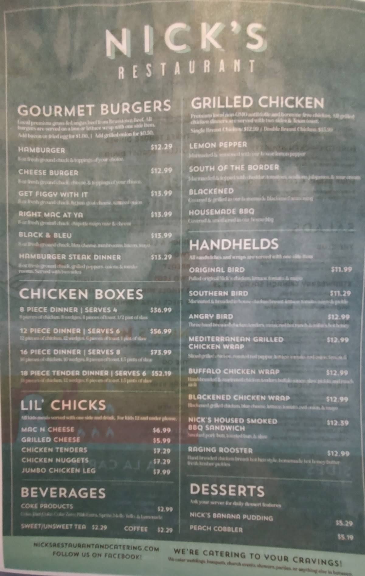 Menu at Nick's Restaurant, Kingsport