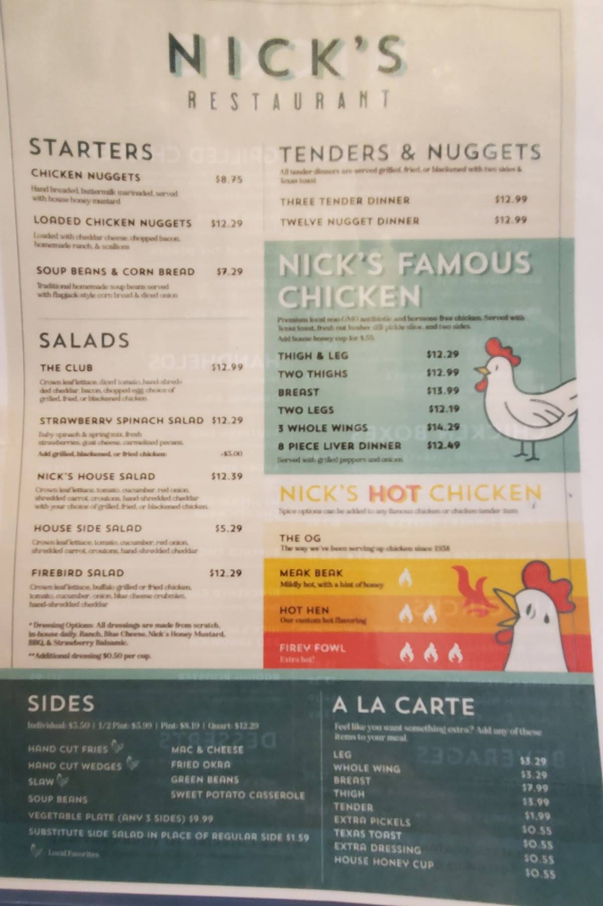 Menu at Nick's Restaurant, Kingsport
