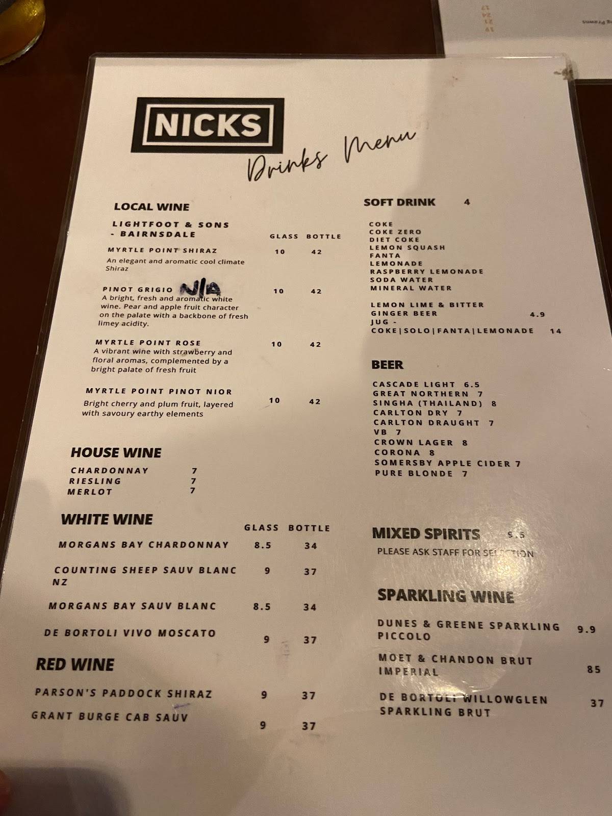 Menu at Nicks Thai cafe, Lakes Entrance