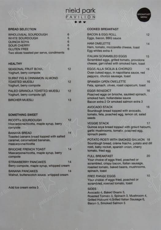 Menu at Nield Park Pavilion cafe, Rodd Point